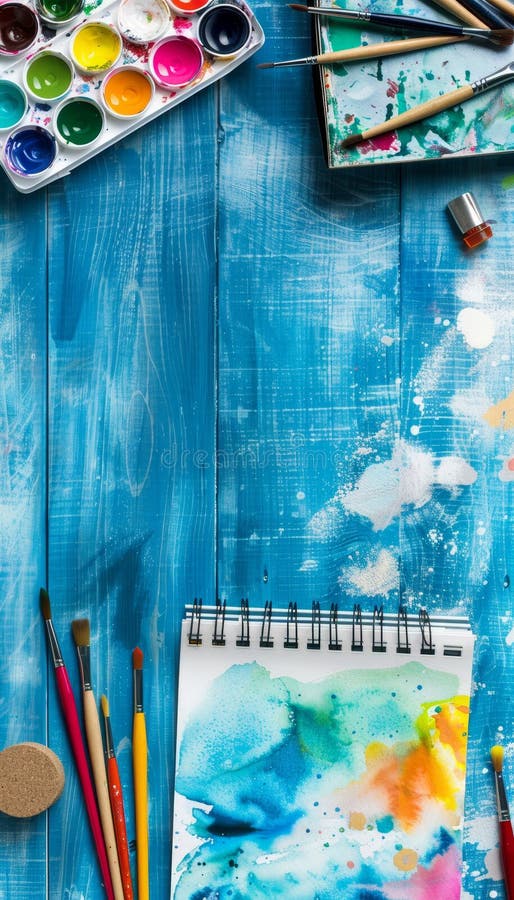 Artistic Workspace Overview Creative Desk with Paint Supplies and ...