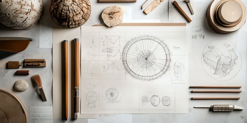 Artistic Workspace with Technical Sketches, Wooden Tools, Pencils and ...