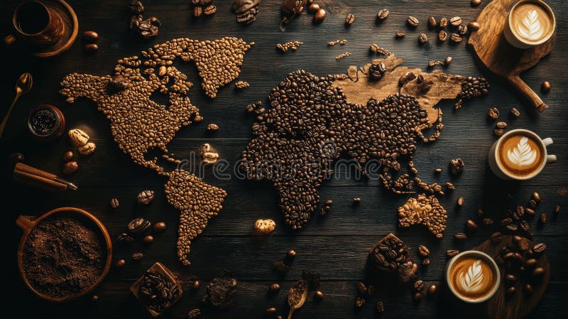 Artistic World Map of Coffee Beans with Cups and Coffee Tools Stock ...
