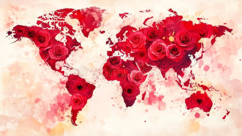 Artistic World Map Created with Vibrant Abstract Red Roses in ...