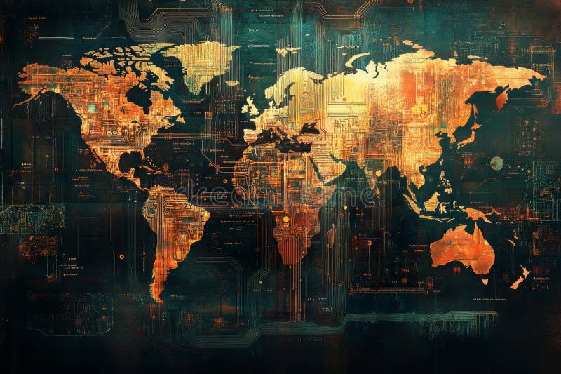 Artistic World Map Design with Circuit Board Patterns and Textures ...
