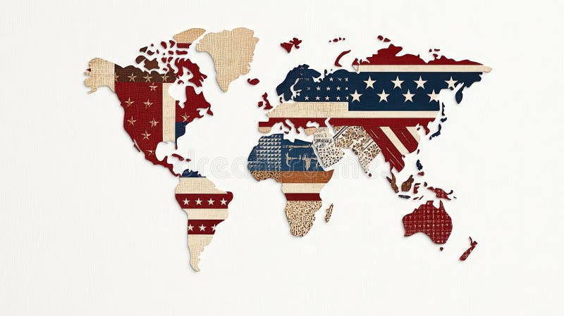 Artistic World Map with Fabric Patterns and American Flag Motifs on ...