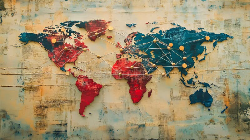 Artistic World Map Illustration with Connection Lines and Multi-Colored ...