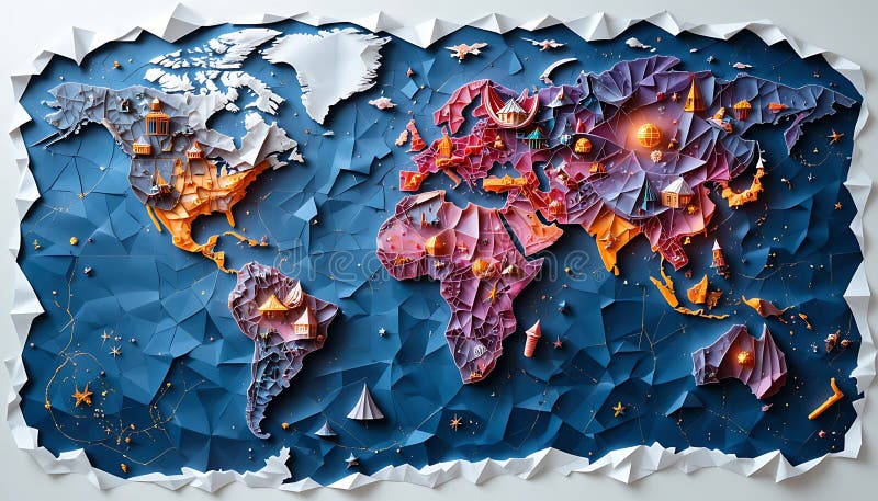 Artistic World Map with Origami Style and Decorative Global Landmarks ...