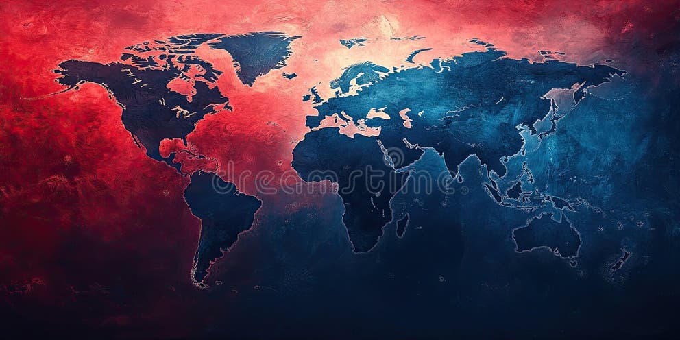 Artistic World Map Split between Blue Western Hemisphere and Red ...