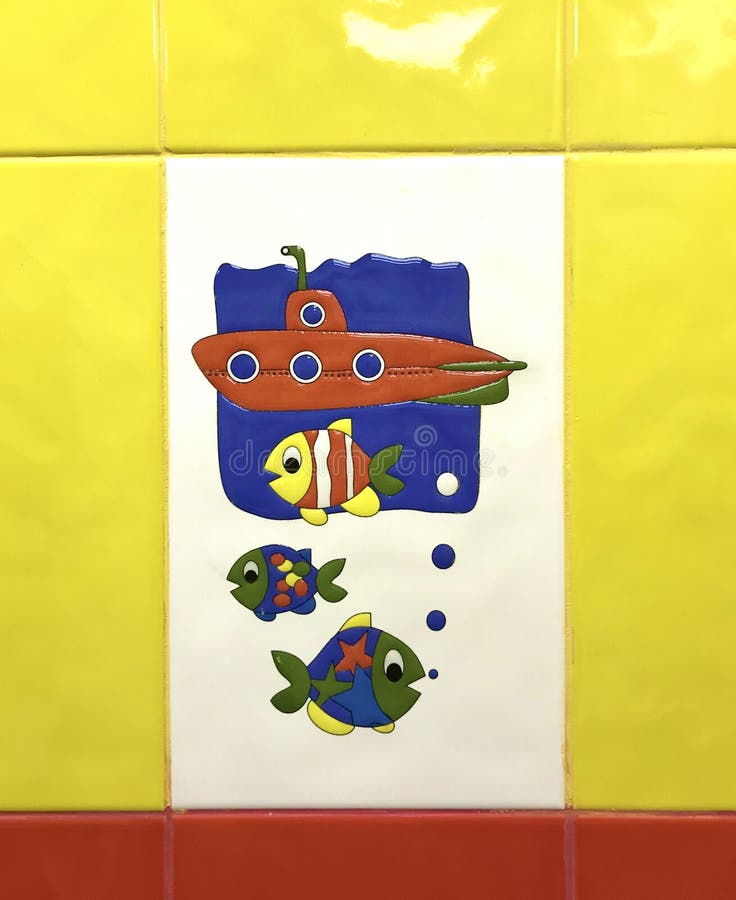 Artistic Yellow Rectangle Tile with Submarine and Fish Painting in ...