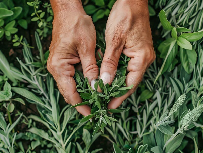 An Artistically Composed Shot of Hands Gathering Aromatic Herbs in a ...