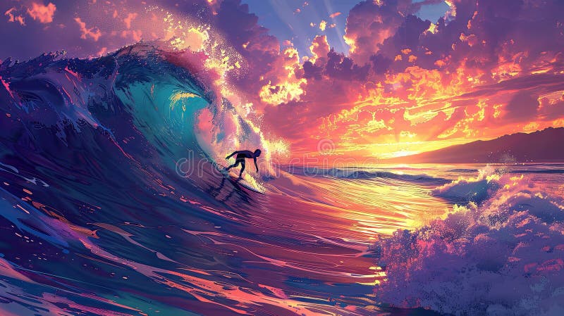 An Artistically Vibrant Image of a Surfer on a Dynamic Wave at Sunset ...