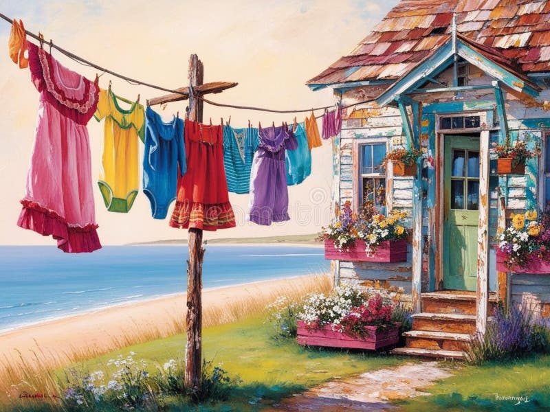 Artists Cottage and Washing Line Overlooking the Sea Stock Illustration ...