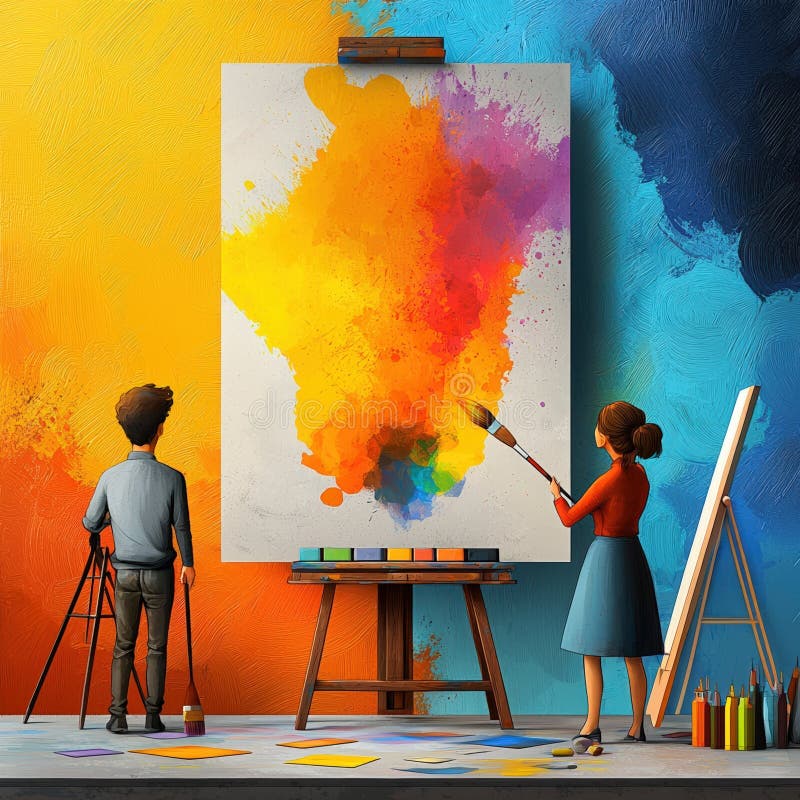 Artists Create Vibrant Abstract Painting Together Stock Illustration ...