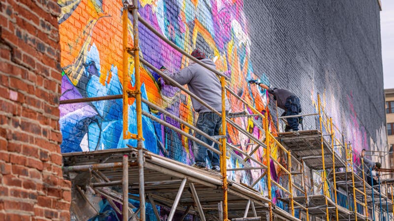 Artists Creating Vibrant Mural on a Brick Wall Using Scaffolding ...