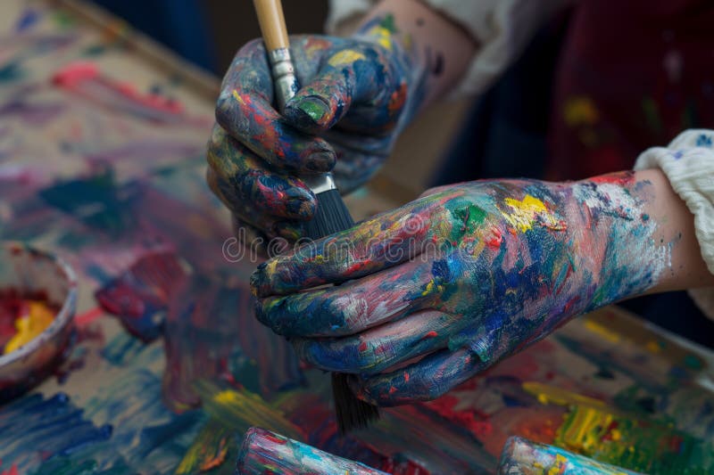 Artists Hands Covered in Paint, Holding Brushes Stock Photo - Image of generated, hand: 307304956