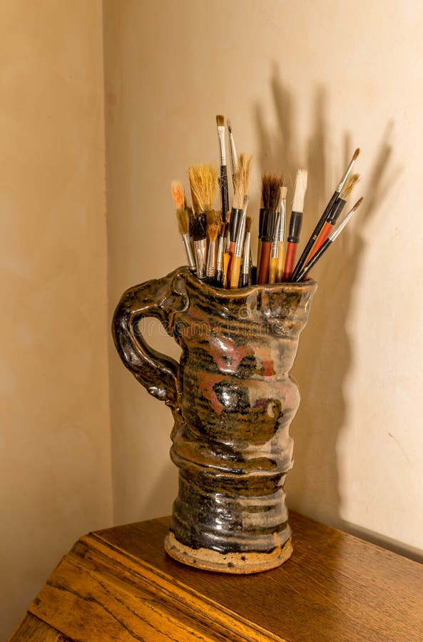 Artists Paint Brushes in Pottery Jug. Stock Image - Image of detail ...