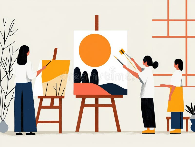 Artists Painting Together in a Creative Studio Stock Illustration ...