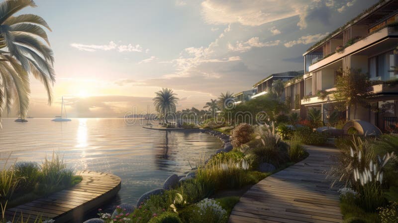 Artists Rendering of Waterfront with Palm Trees Stock Image - Image of ...
