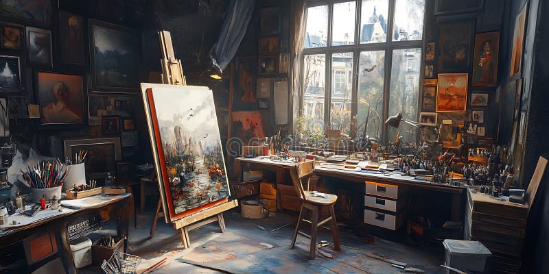 Artists Studio Messy Workspace Image Background Wallpaper Stock ...