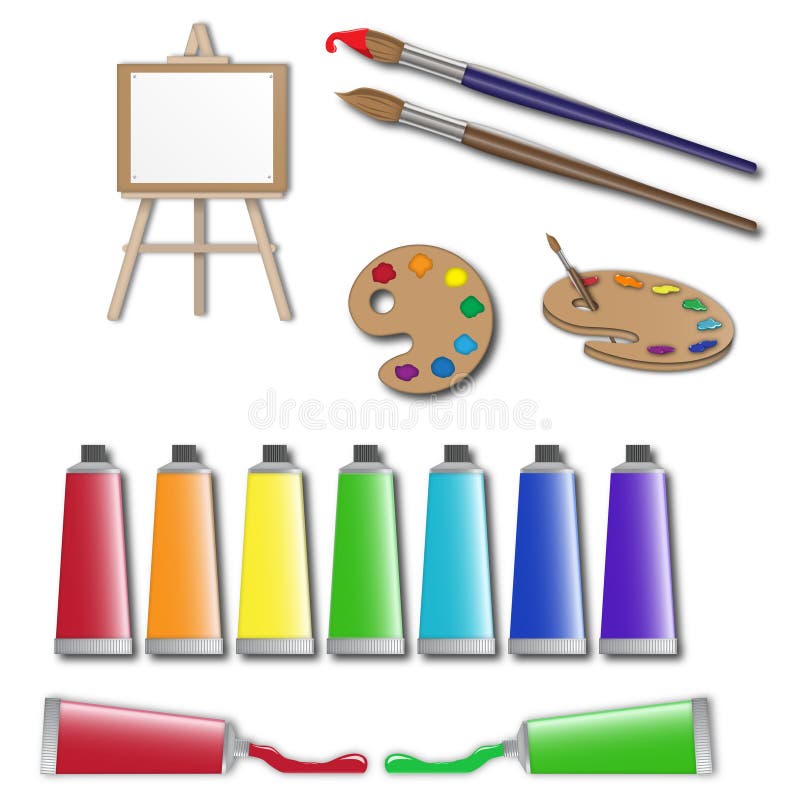 Set of Colored Painting Tools Vector Icons in Cartoon Style. Supplies ...