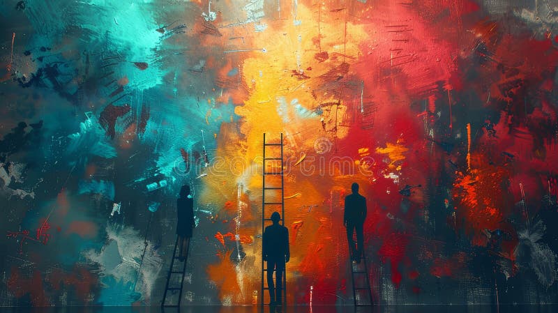 Artists at Work on a Massive Abstract Painting, Vivid Colors and ...