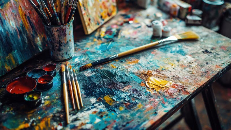 Colorful Artist Workspace Featuring Brushes, Paints, and Canvases with ...