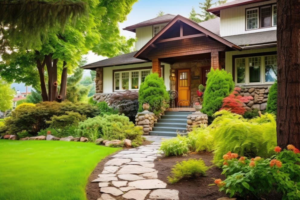 An Arts and Crafts Home with a Stone Path Entryway Stock Illustration ...