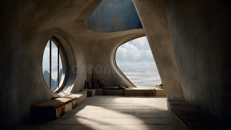 Artsy Interior with Stunning Landscape Views through Organic, Rounded ...