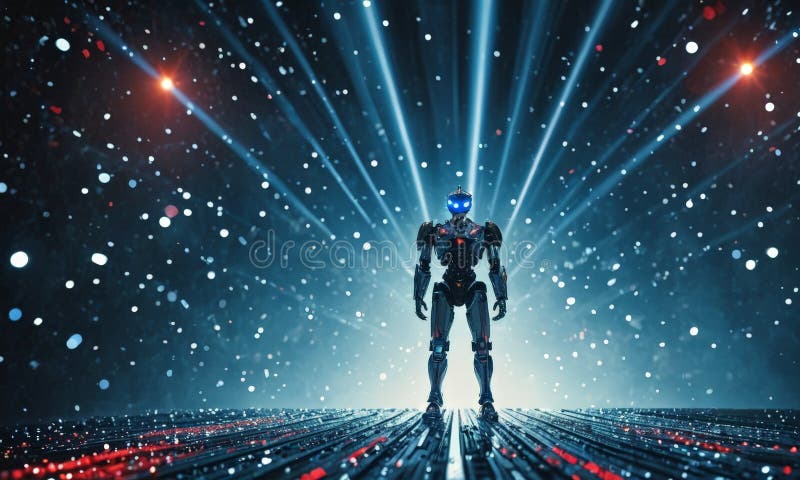 Robot Standing in Front Stage with Lights Stock Illustration ...