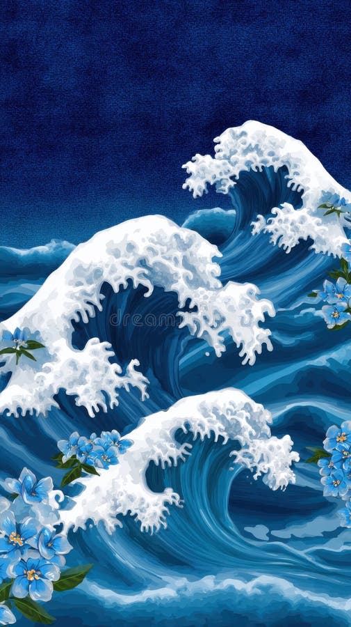 Artwork of Blue Ocean Waves with White Foaming Tops and Small Blue ...