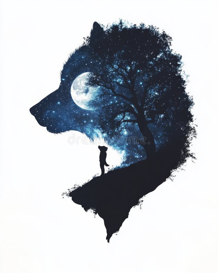 A Stunning Silhouette of a Wolf Reveals a Serene Night Sky. a Person ...