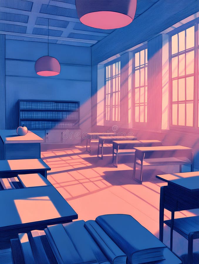 Artwork of Classroom Interior with Desks Books and Sunlight through ...