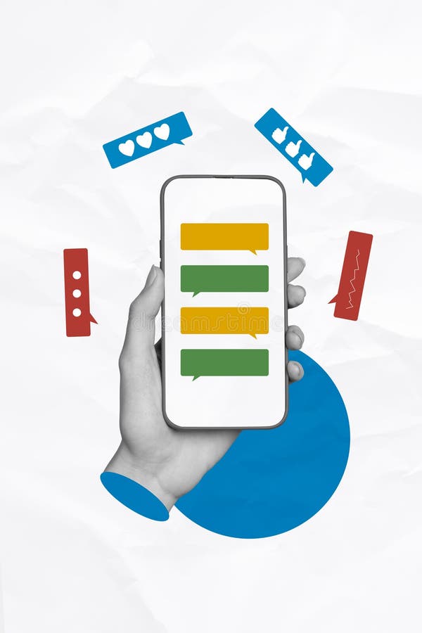 Artwork Collage Image of Arm Hold Modern Device Chat Dialogue ...