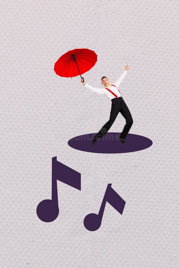 Artwork Collage Image of Guy Dancing Holding Parasol on Grey Background ...