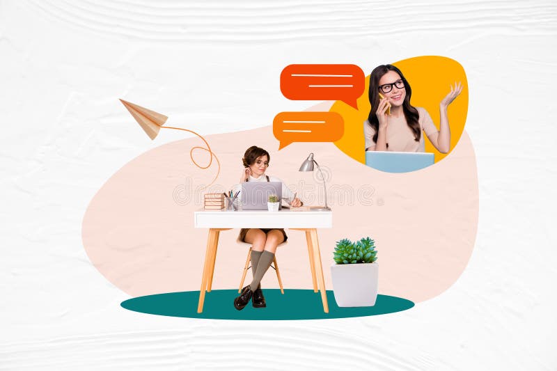 Artwork Collage Image of Successful Ladies Working Remotely Together ...