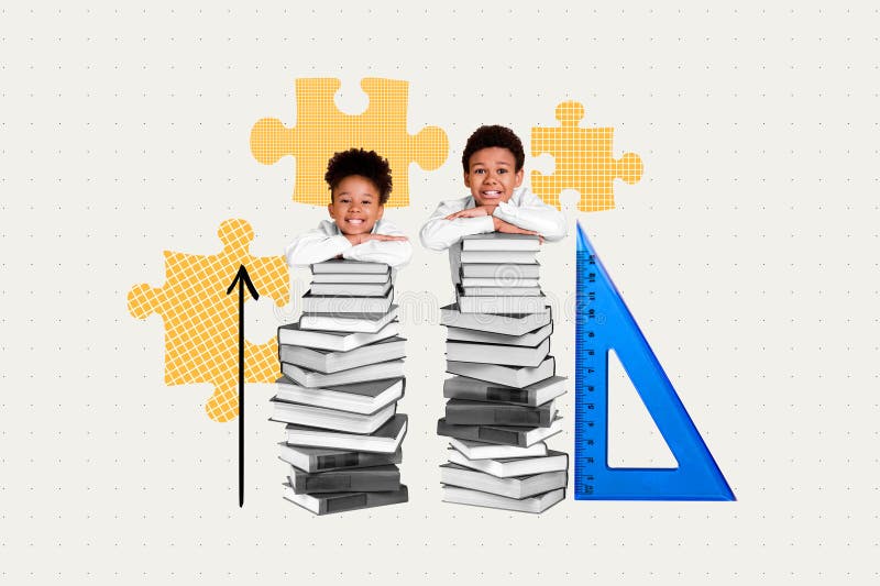Artwork Collage of Two Little Mini Happy Schoolkids Pile Stack Book ...
