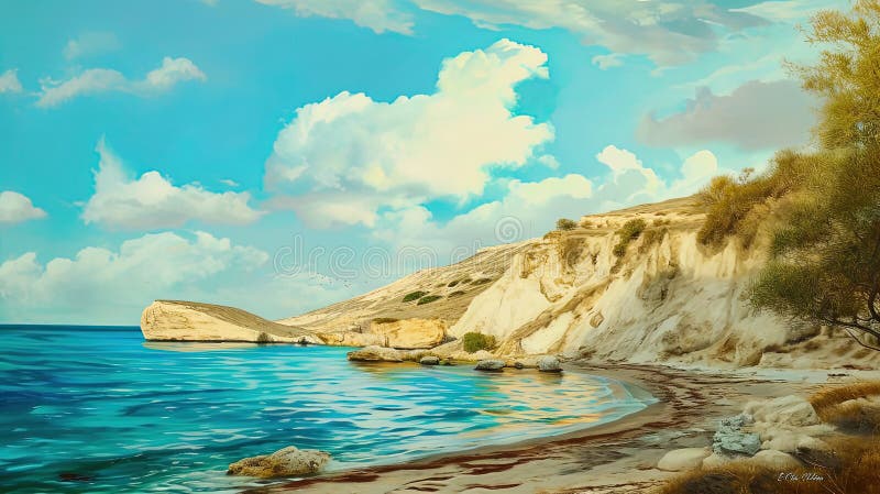 Artwork of Cyprus Landscape Stock Illustration - Illustration of beach ...