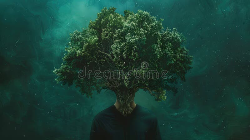 Surreal Artwork Depicting a Tree-Faced Human with an Abstract Green ...