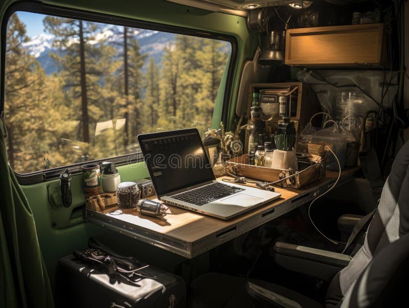 Freelancer Working from Van Office Laptop Nature View Stock ...