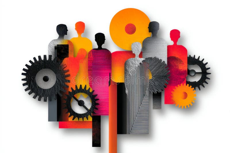 Creative Collage Featuring Abstract Human Figures and Gears in Vibrant ...