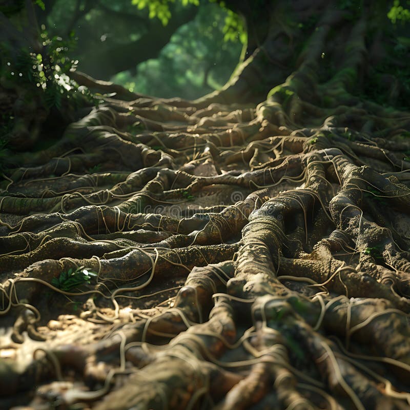 A Network of Interconnected Roots in a Dark Fantasy Forest Stock ...