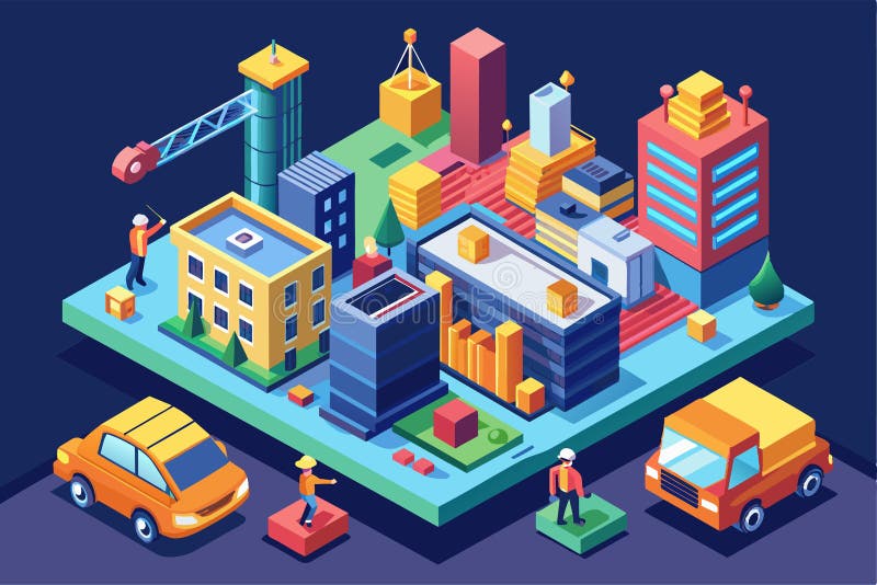This Artwork Depicts a Vibrant Construction Site Bustling with Activity ...