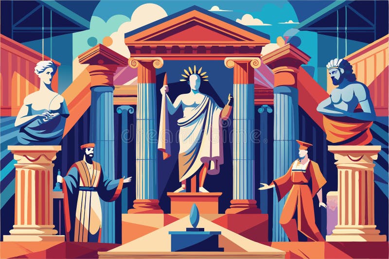 The Artwork Displays Ancient Greek Sculptures Arranged Around a Central ...