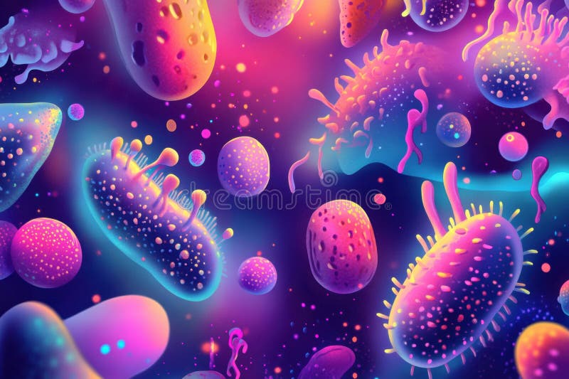Colorful Illustration of Diverse Microscopic Microbes in Various Shapes ...