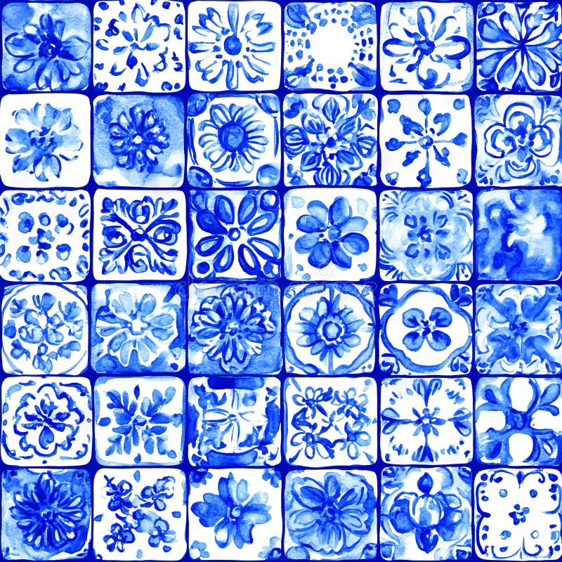 The Artwork Displays a Repeating Design of Blue Tiles, Each Hand-drawn ...