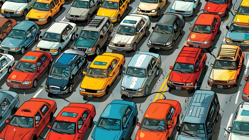 Artwork: Elevated Perspective of Highway Gridlock in a Crowded City ...