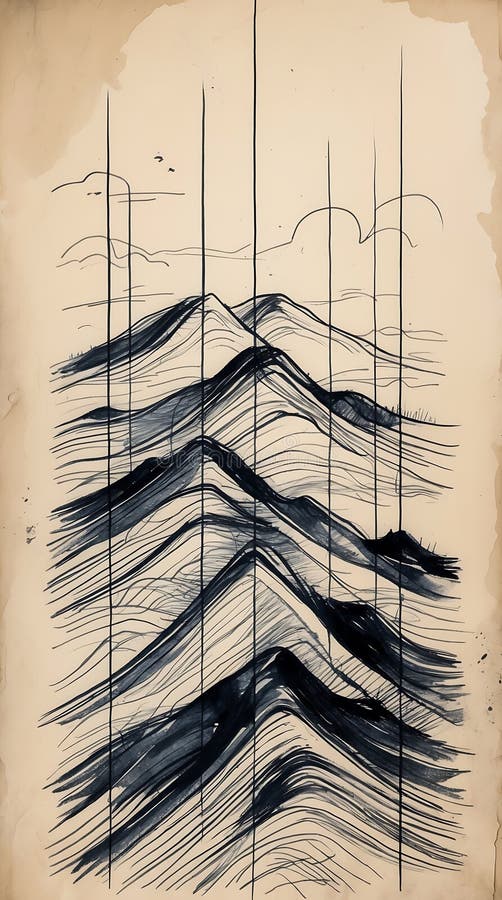 Minimalist Sketch of Hills with Vertical Lines on a Textured Background ...