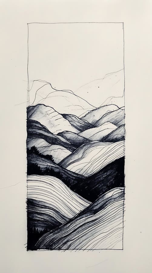 Abstract Hills Sketch in Monochrome Depicting Textured Landscapes with ...