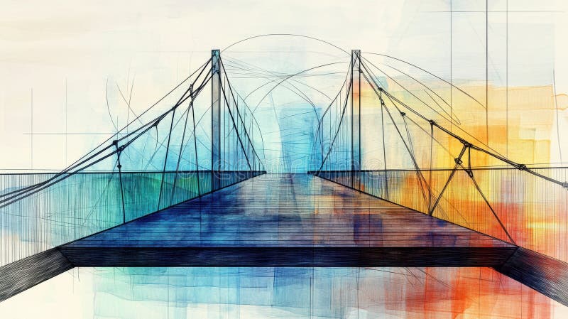 This Artwork Features a Bridge Design with Vibrant Colors and Intricate Lines, Blending Natural ...