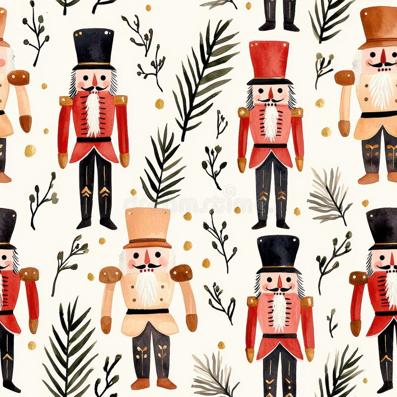 Watercolor Nutcracker Seamless Pattern with Minimal Details Stock ...