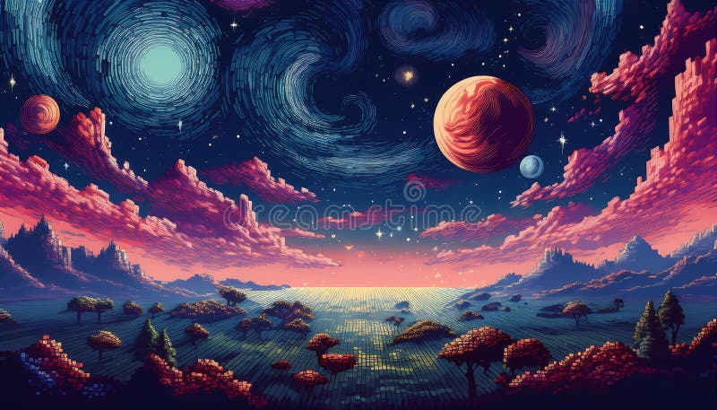A Vibrant Retro Pixel Art Depiction of Outer Space with Planets and a ...