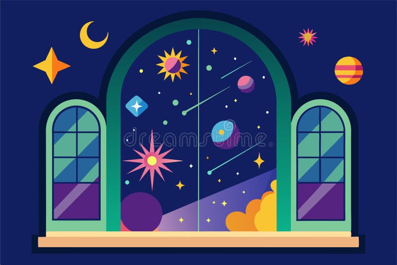 The Artwork Features a Decorative Window Revealing a Star-filled Night ...