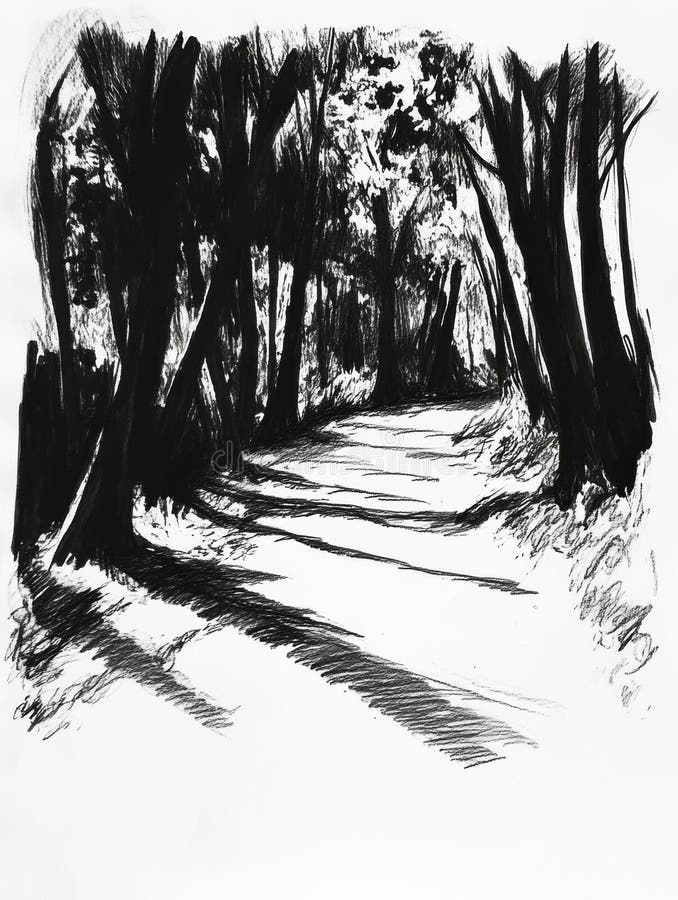 This Artwork Features a Dense Forest Path, Showcasing Intricate Tree ...